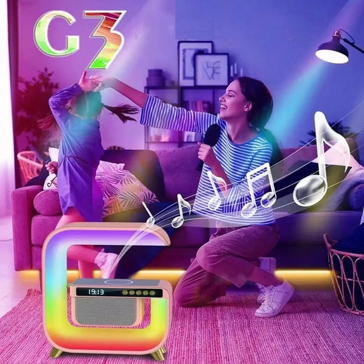 Lampă Smart LED RGB 5 în 1 – boxă Bluetooth, încărcare wireless, ceas ...