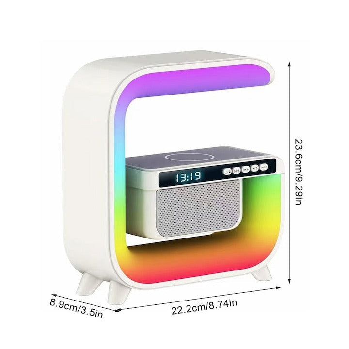 Lampă Smart LED RGB 5 în 1 – boxă Bluetooth, încărcare wireless, ceas ...